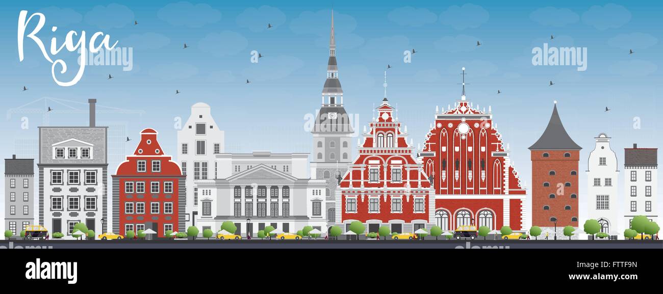 Riga Skyline with Landmarks and Blue Sky. Vector Illustration. Business ...