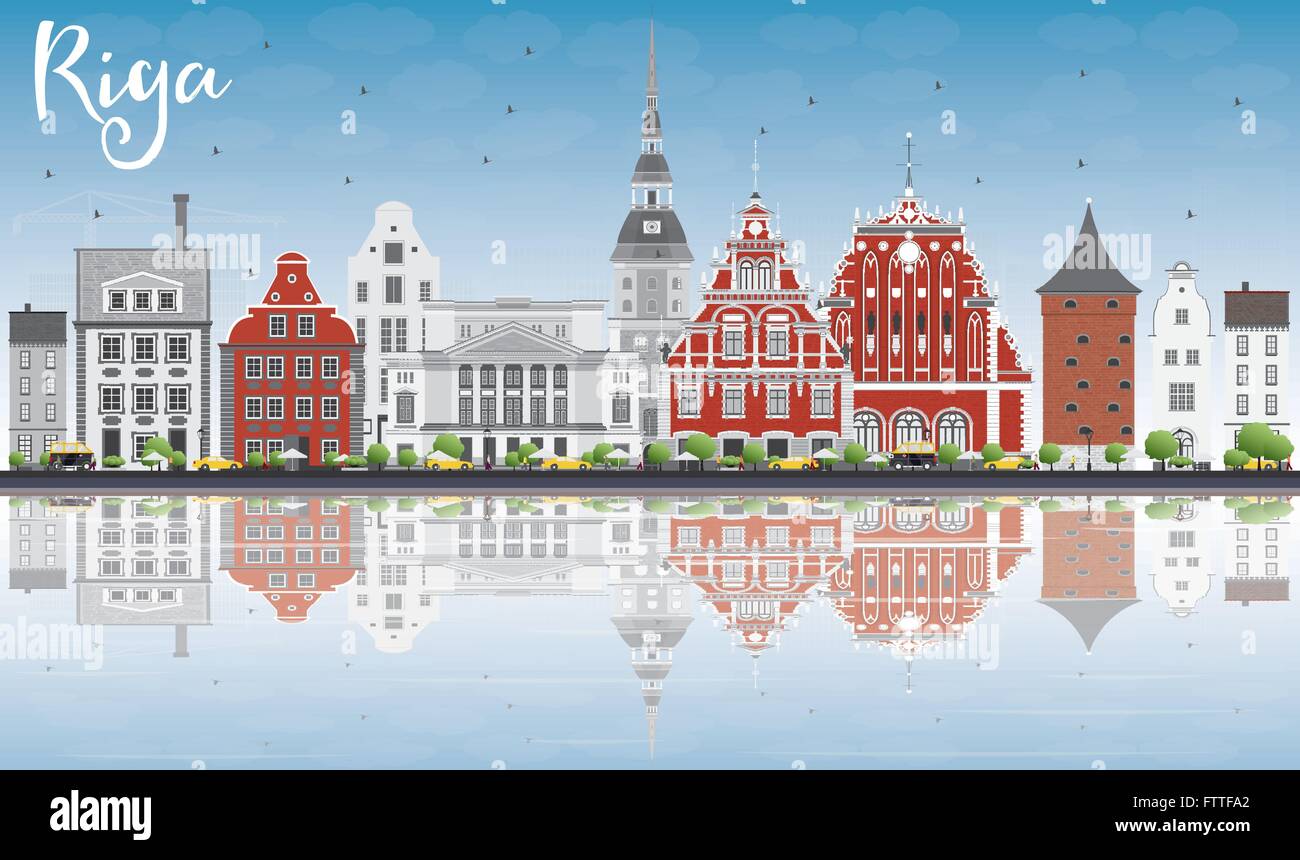 Riga Skyline with Landmarks, Blue Sky and Reflections. Vector ...