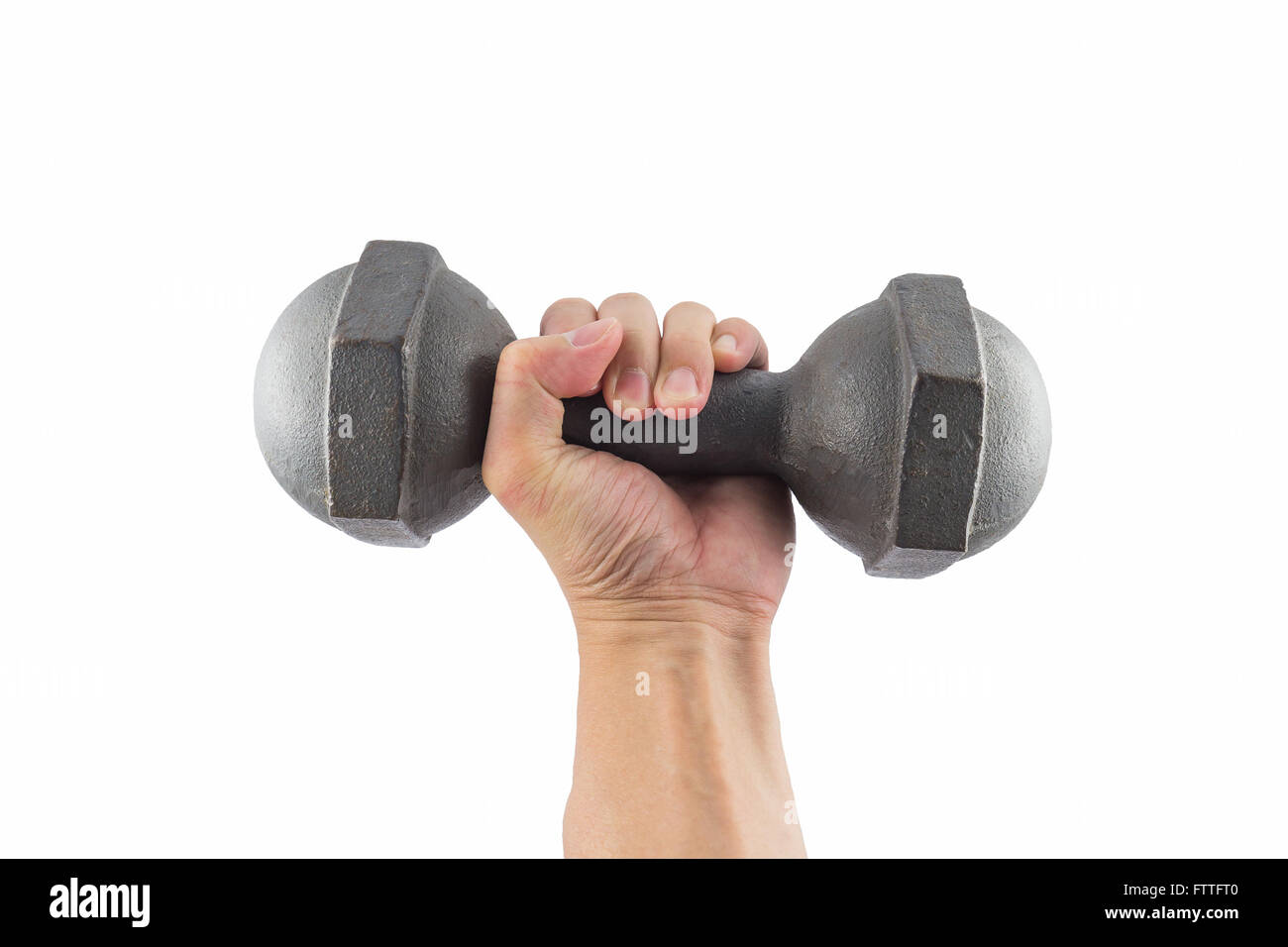 Left hand holding a retro dumbbell isolated on white background Stock ...