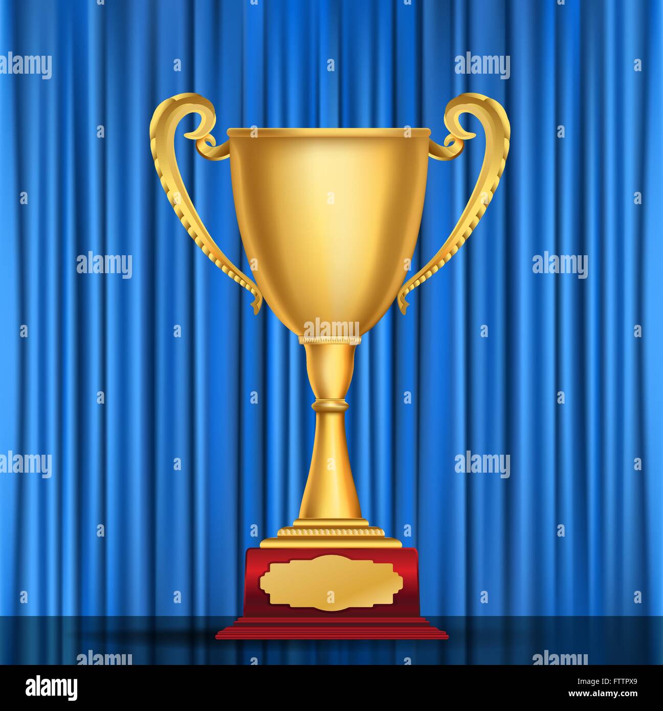 Golden sports cup on blue curtain background. vector illustration Stock ...