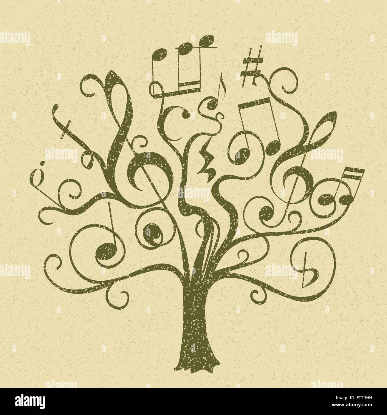 hand drawn tree with curly twigs with musical notes and signs as leaves ...