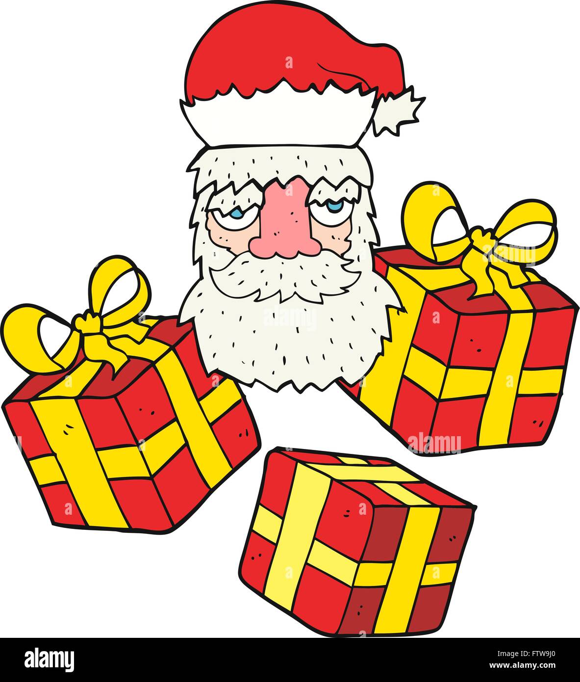 freehand drawn cartoon tired santa claus face with presents Stock ...