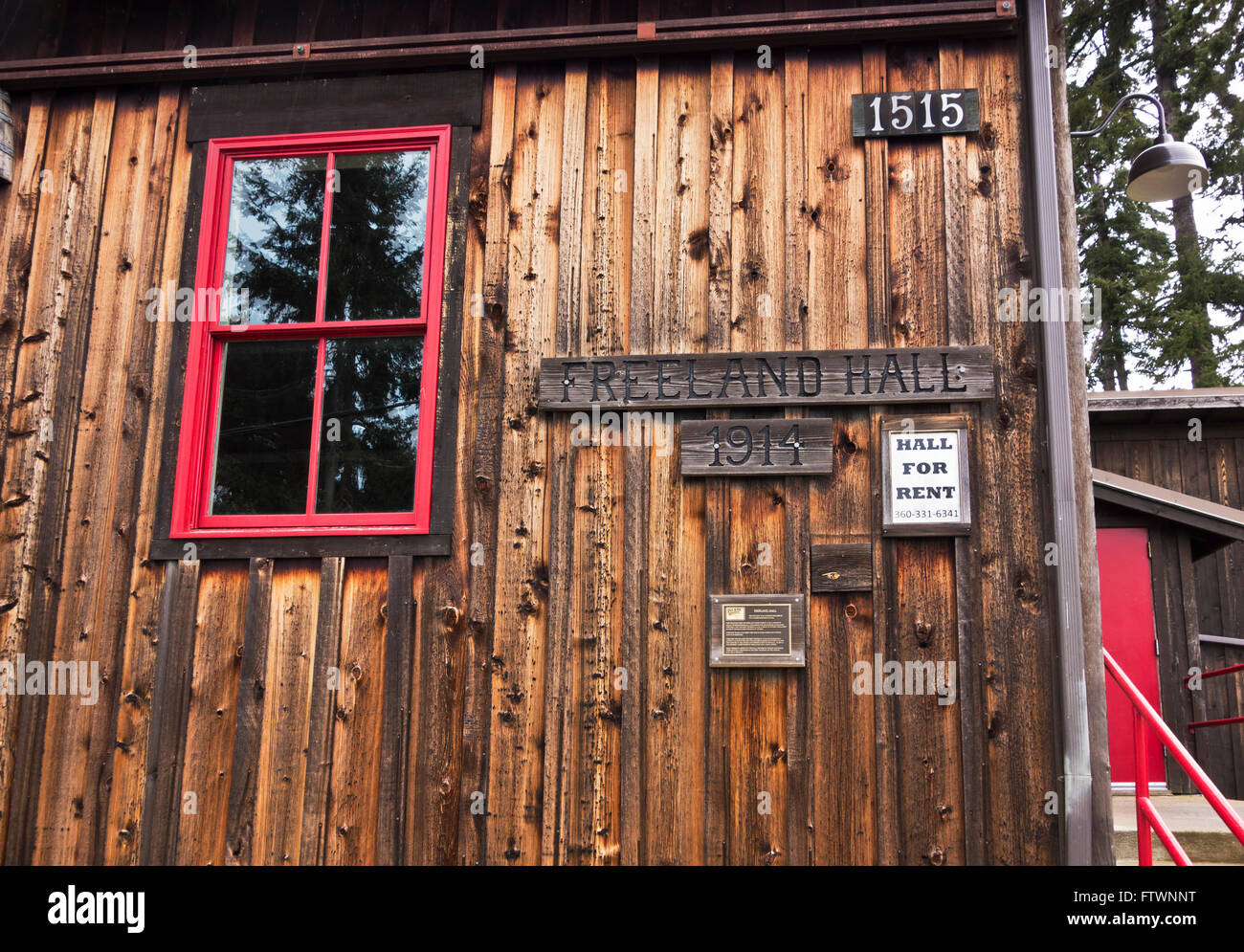 Closeup of the sign and side of historic Freeland Hall, built in 1915 ...