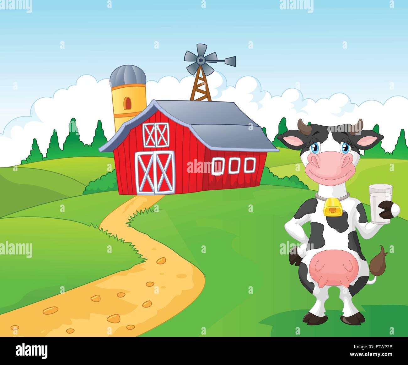 Cartoon cow holding a glass of milk with farm background Stock Vector ...