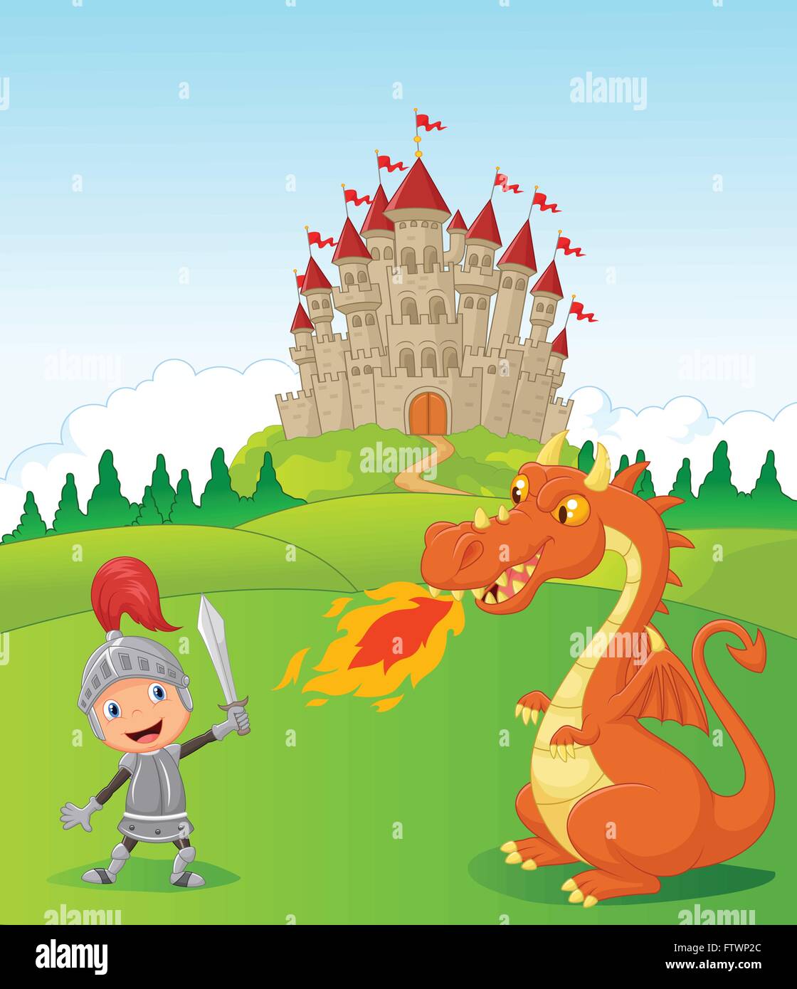 Cartoon knight with fierce dragon Stock Vector Image & Art - Alamy