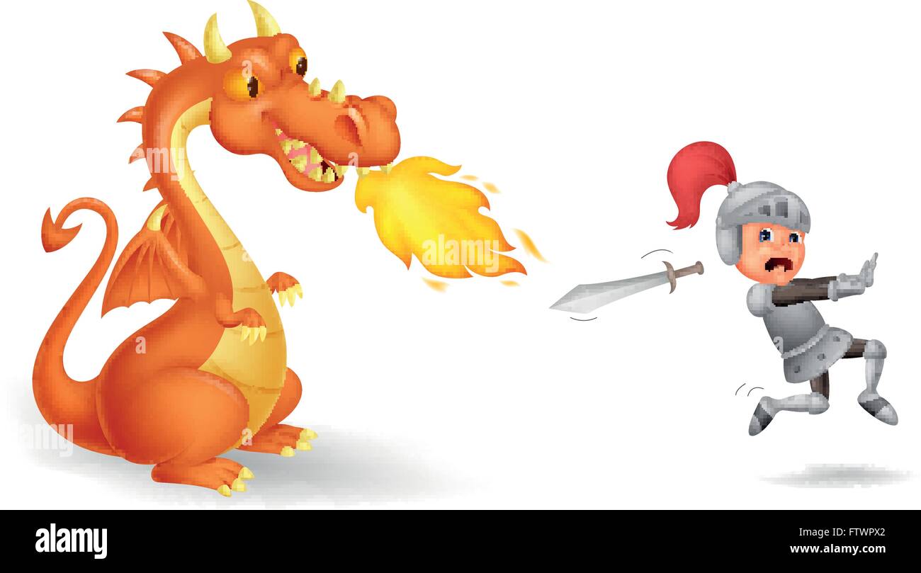 Cartoon of a knight running from a fierce dragon Stock Vector Image ...