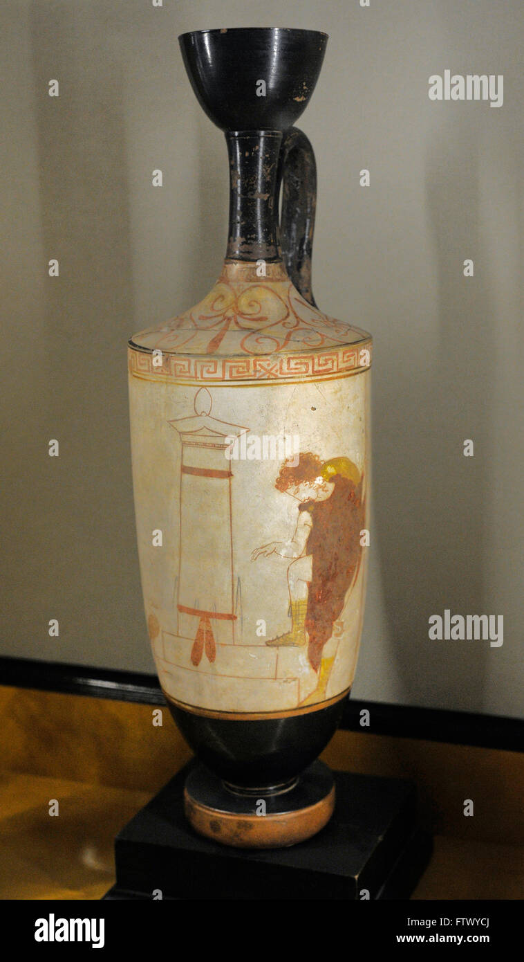 Greek art. White-ground lekythos: Woman and Youth by the Gravestone ...