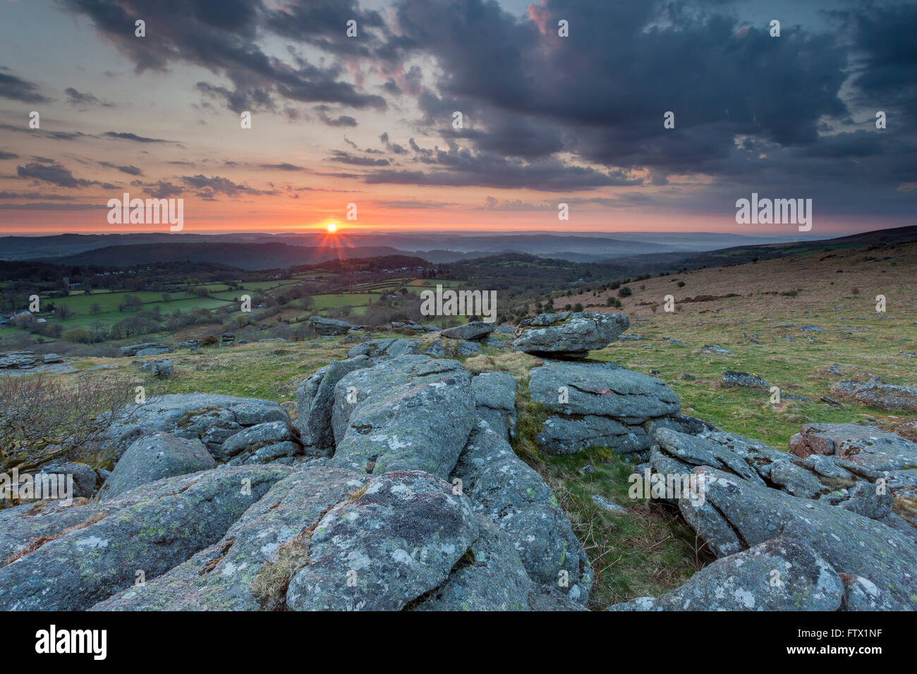 Spring sunrise on Hayne Down, Dartmoor National Park, Devon, England ...