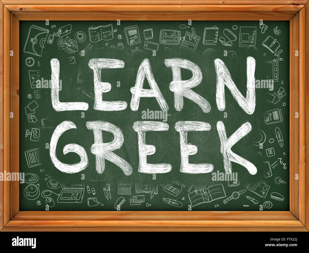 Green Chalkboard with Hand Drawn Learn Greek Stock Photo - Alamy