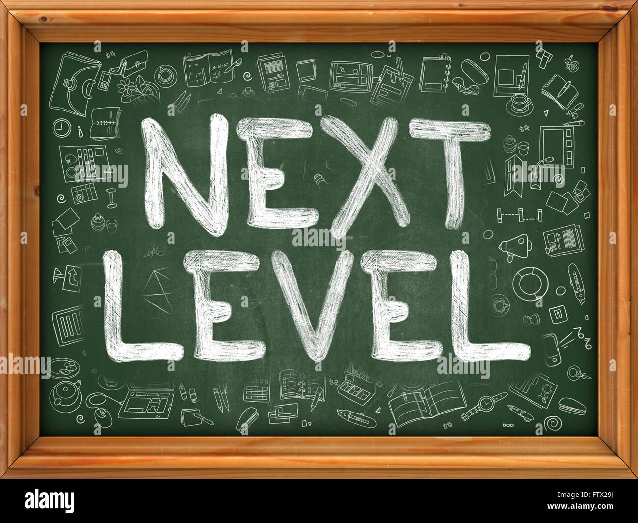 Next Level Concept. Green Chalkboard with Doodle Icons Stock Photo - Alamy