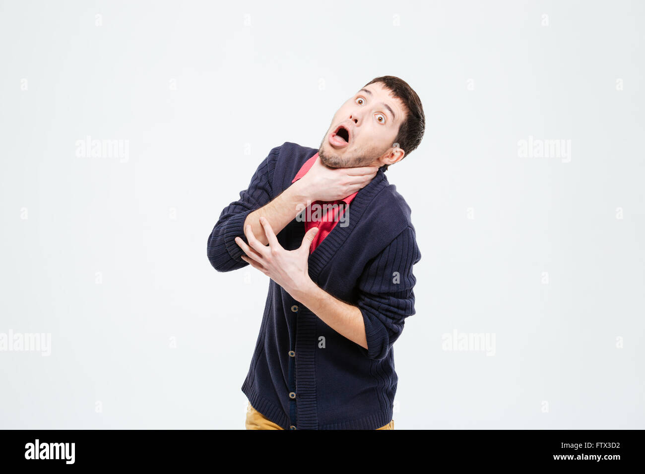 Man strangling herself isolated on a white background Stock Photo - Alamy