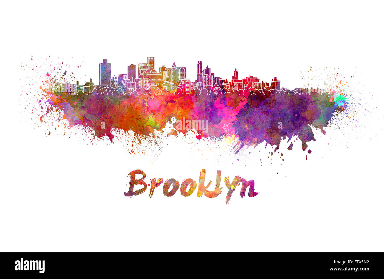 Brooklyn skyline in watercolor splatters with clipping path Stock Photo ...