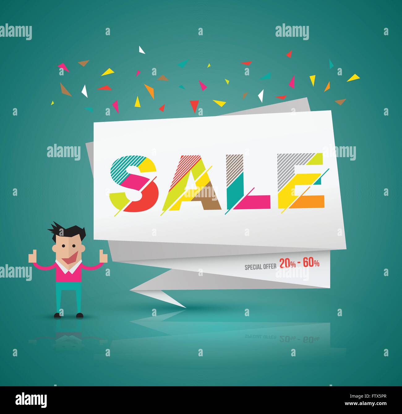 Sale modern banner origami style with cartoon character. Vector ...