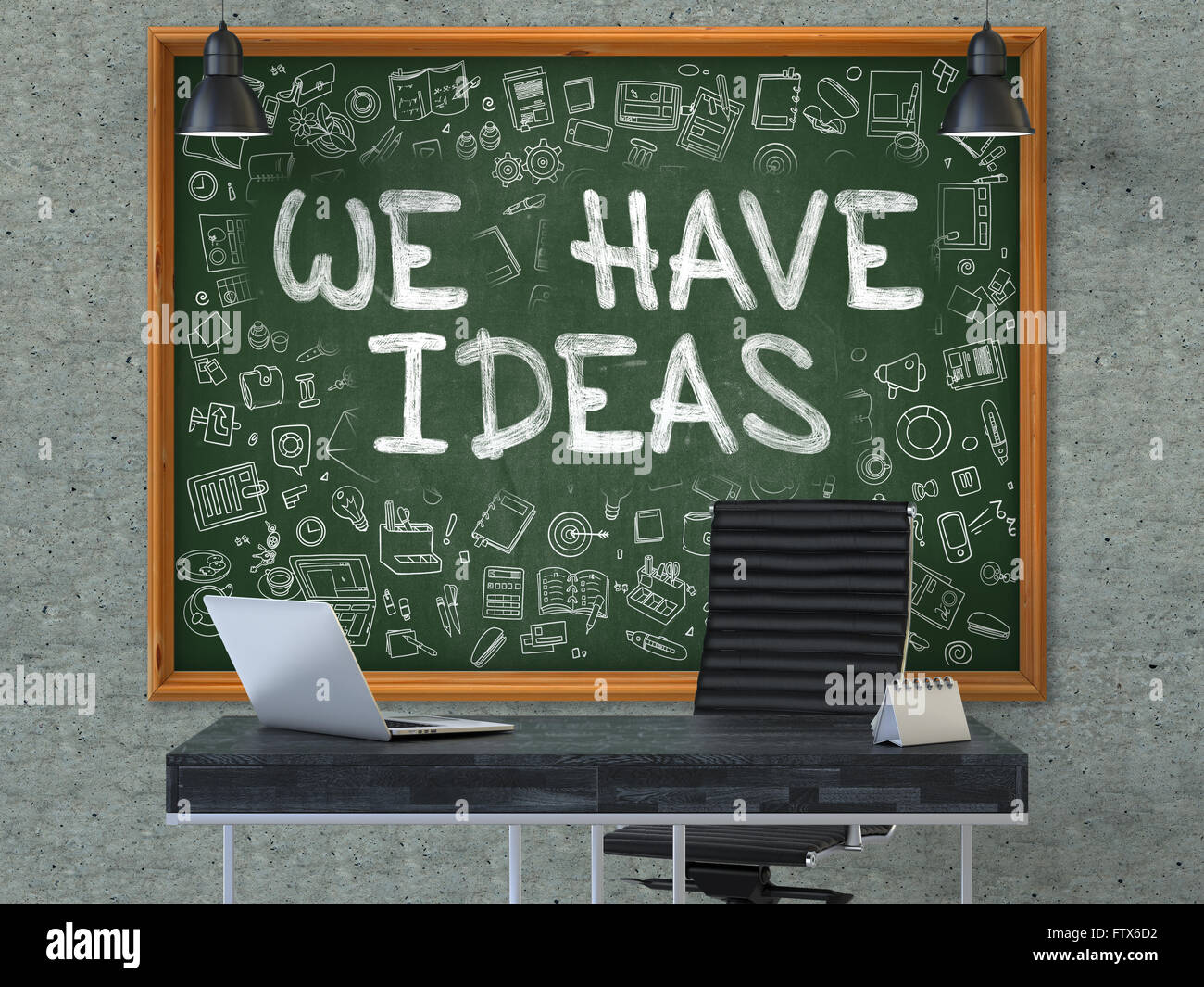 Hand Drawn We Have Ideas on Office Chalkboard Stock Photo - Alamy