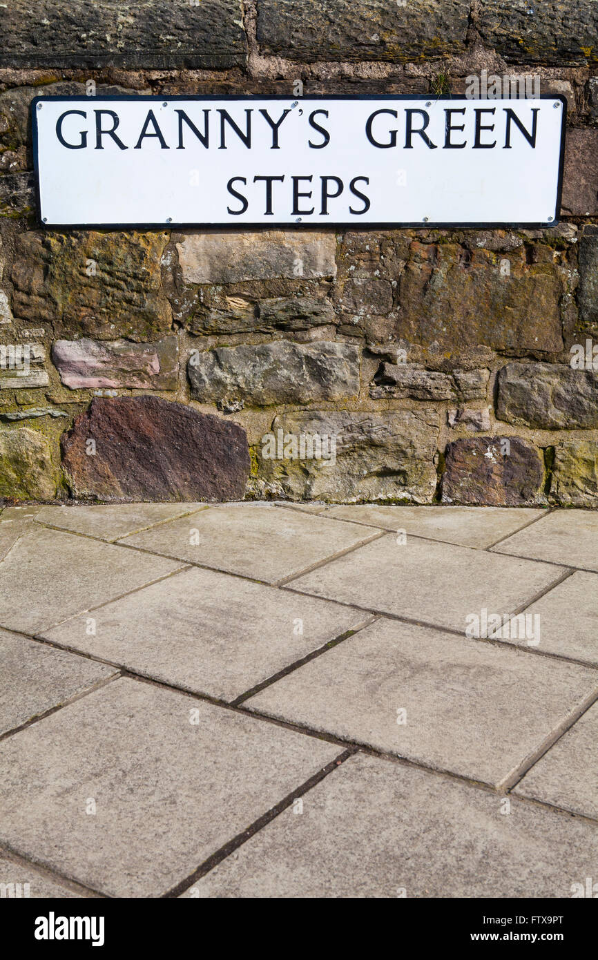 The street sign for Grannys Green Steps in the historic city of ...