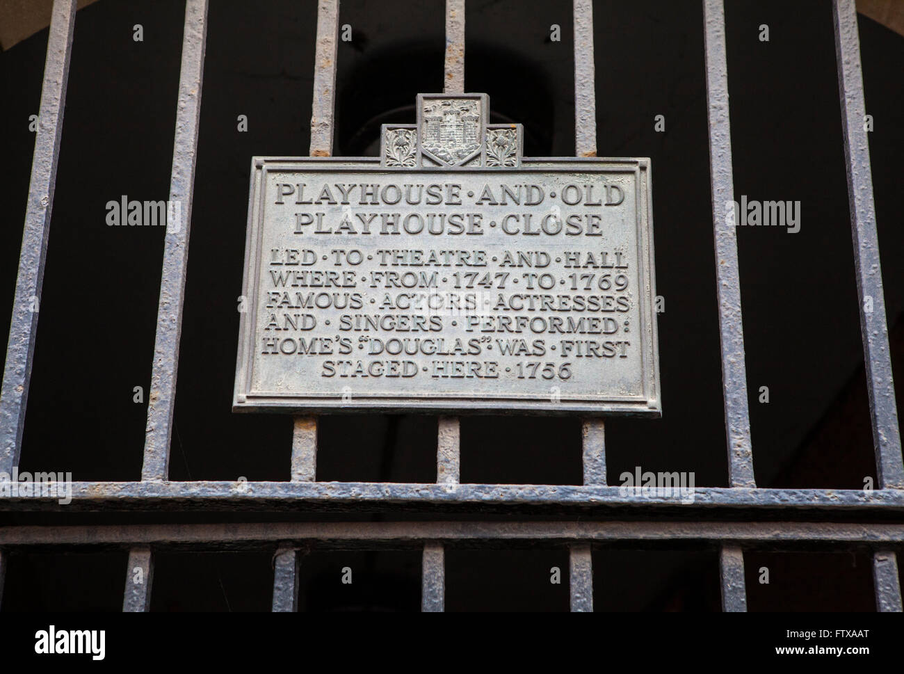 A plaque at the entrance of Old Playhouse Close in Edinburgh detailing ...