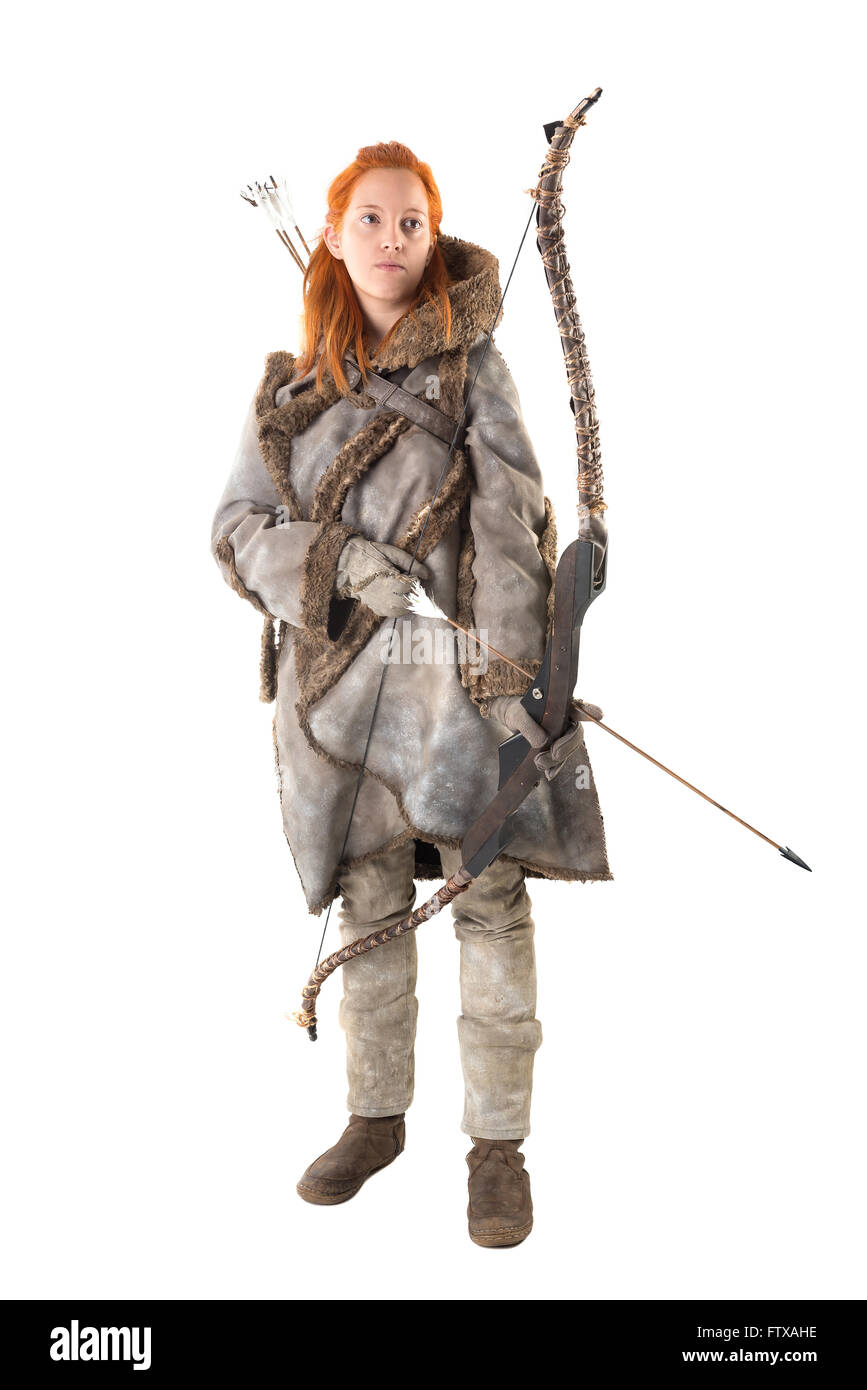 girl archer in a costume with bow isolated in white Stock Photo - Alamy