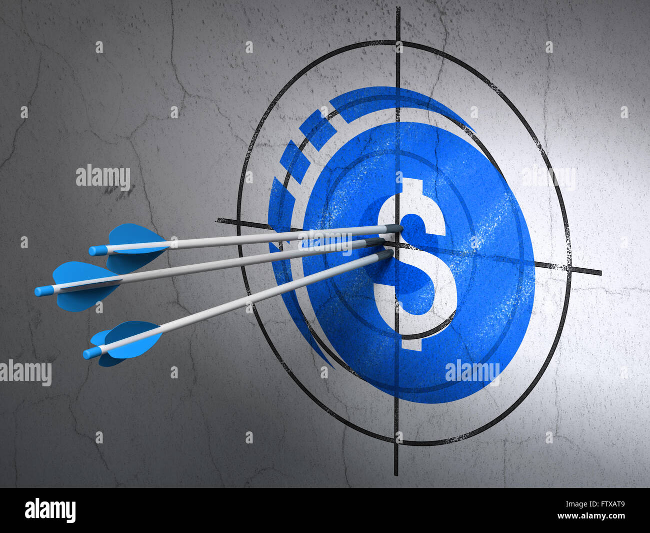 Currency concept: arrows in Dollar Coin target on wall background Stock ...