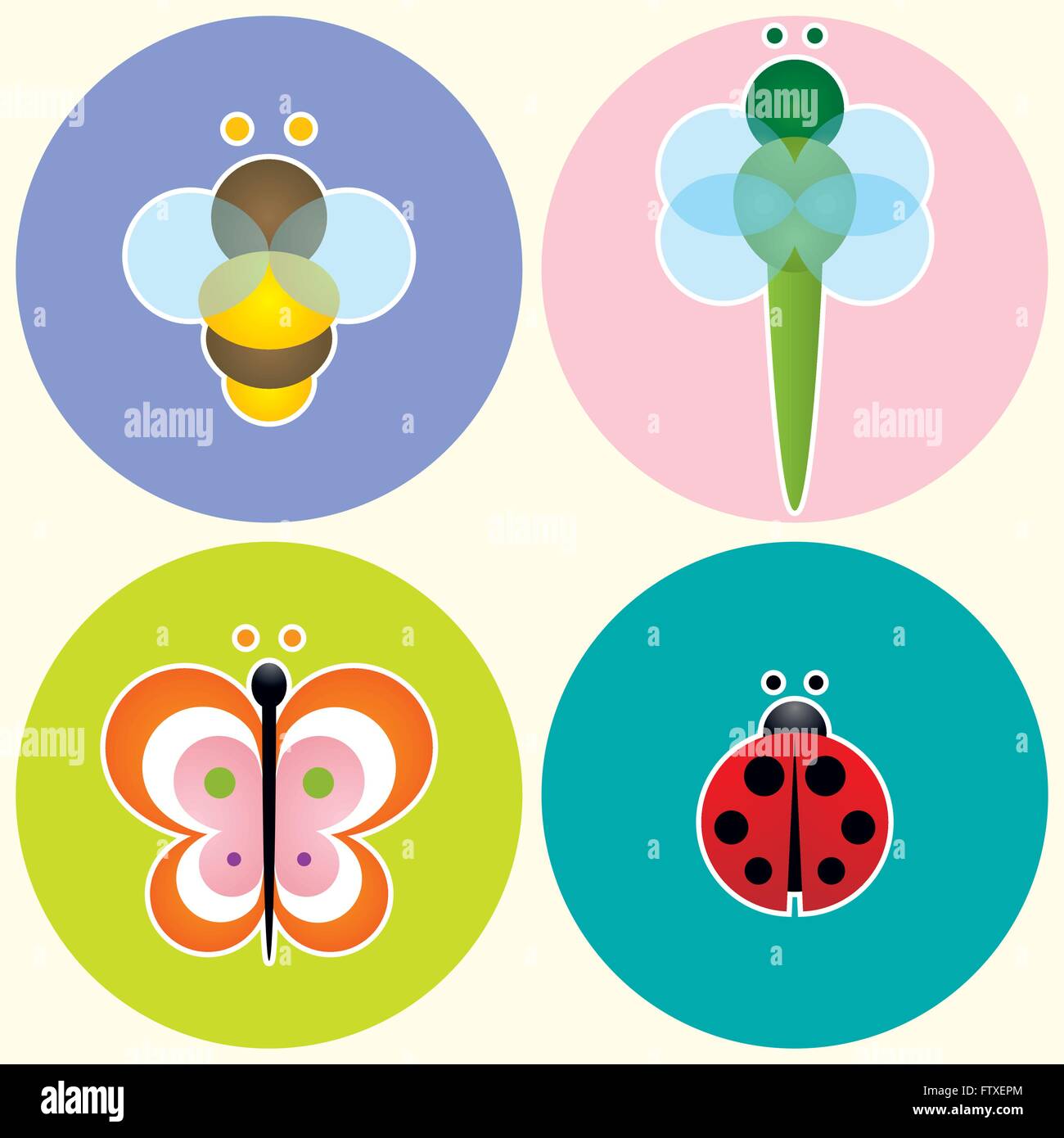 Collection of flying insects in a simple style: a bee, a dragonfly, a ...
