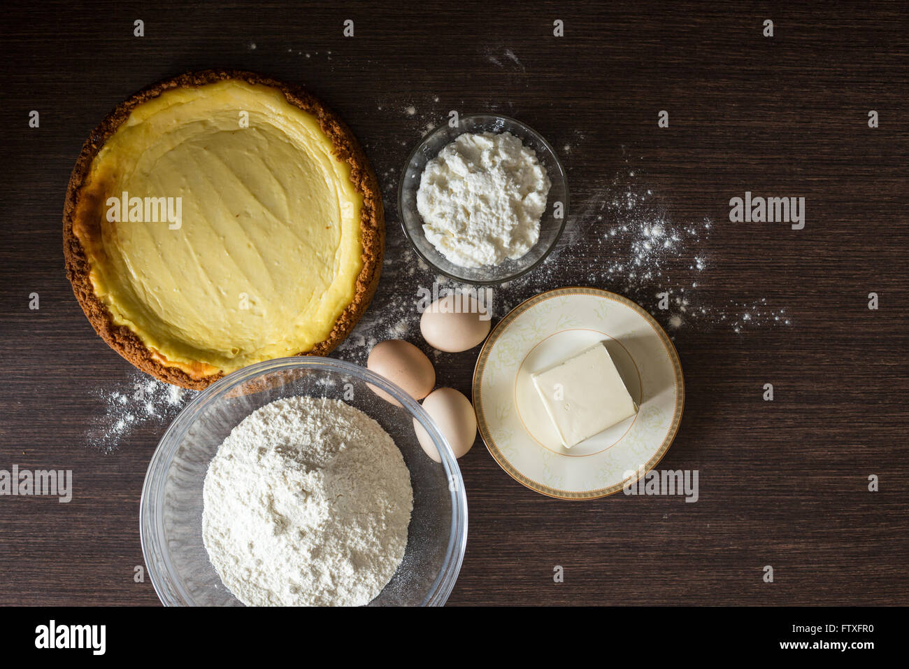 Homemade cake with ingredients around. Top view image of bakery ...