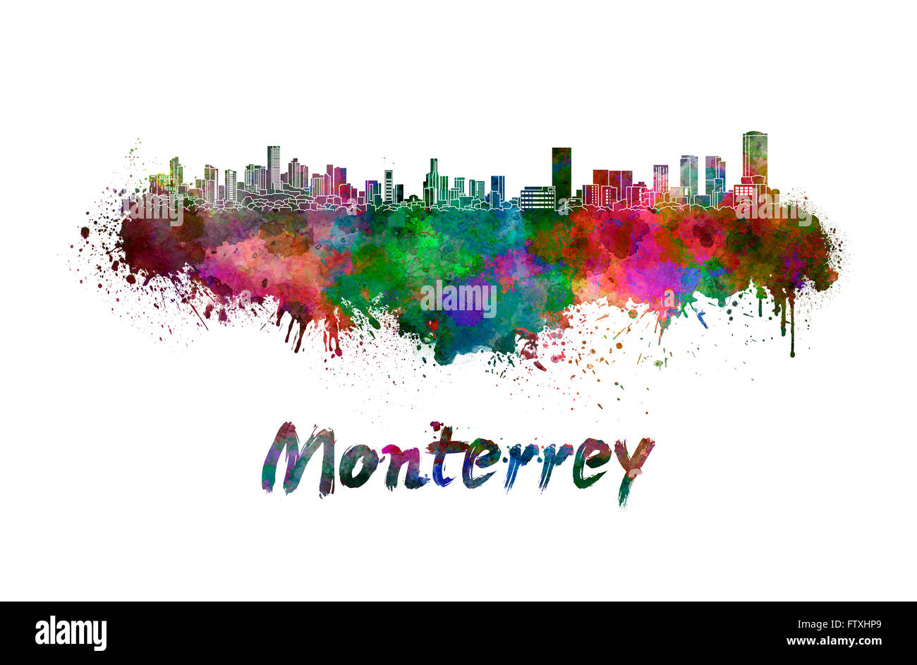 Monterrey skyline in watercolor splatters with clipping path Stock ...