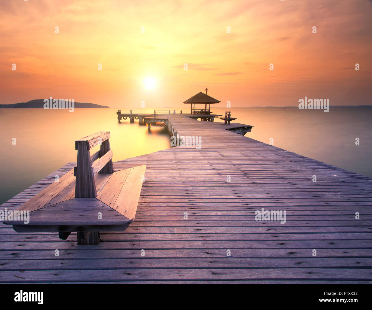 The long bridge over the sea with a beautiful sunrise, Rayong, Thailand ...