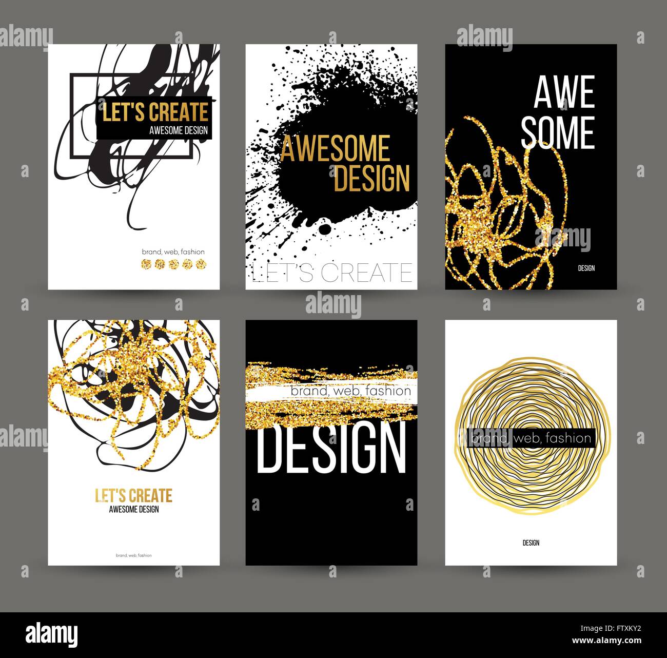 A set of brochures with golden hand-drawn design elements. Vector ...