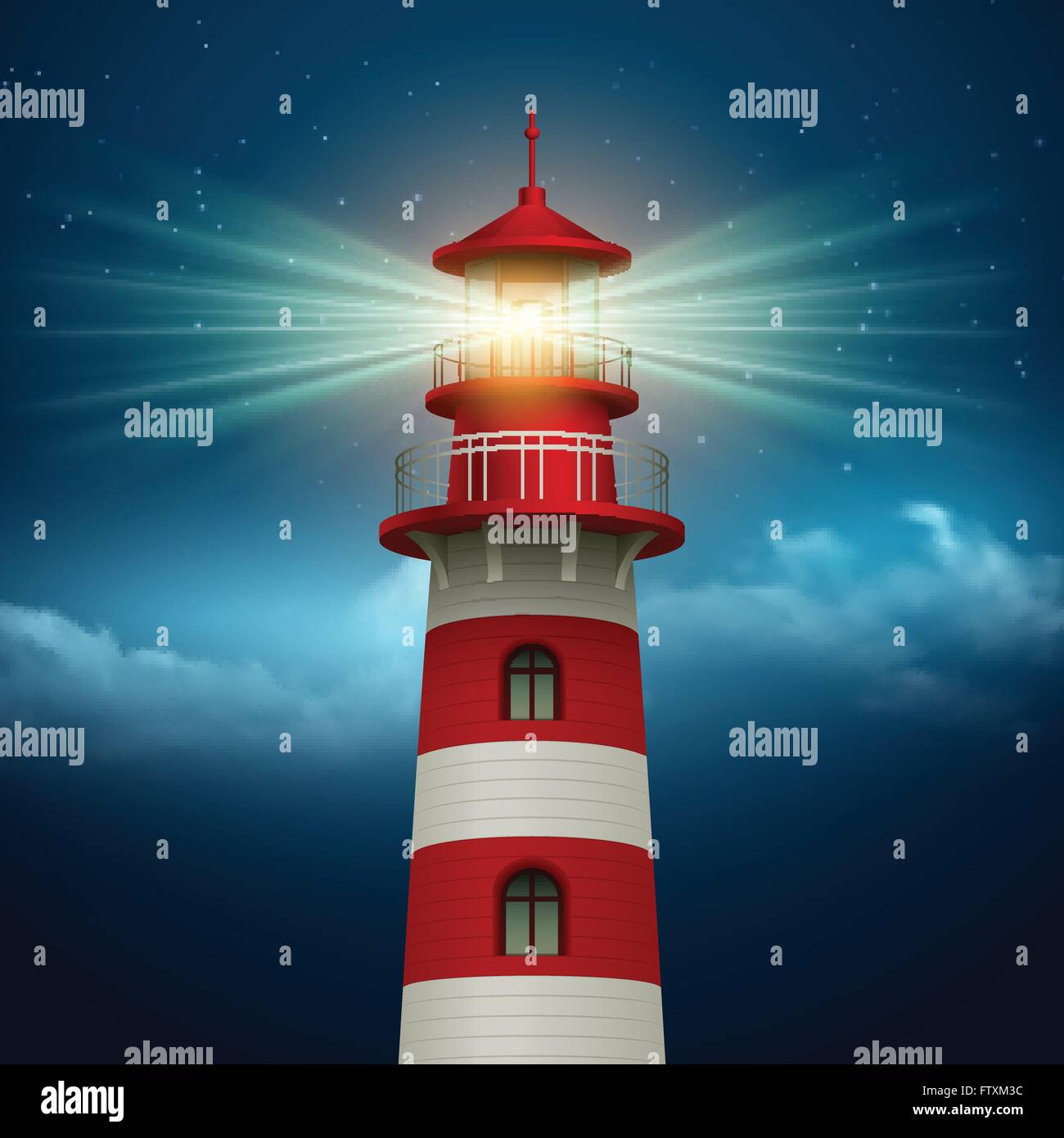 Realistic lighthouse in the night sky background. Vector illustration ...