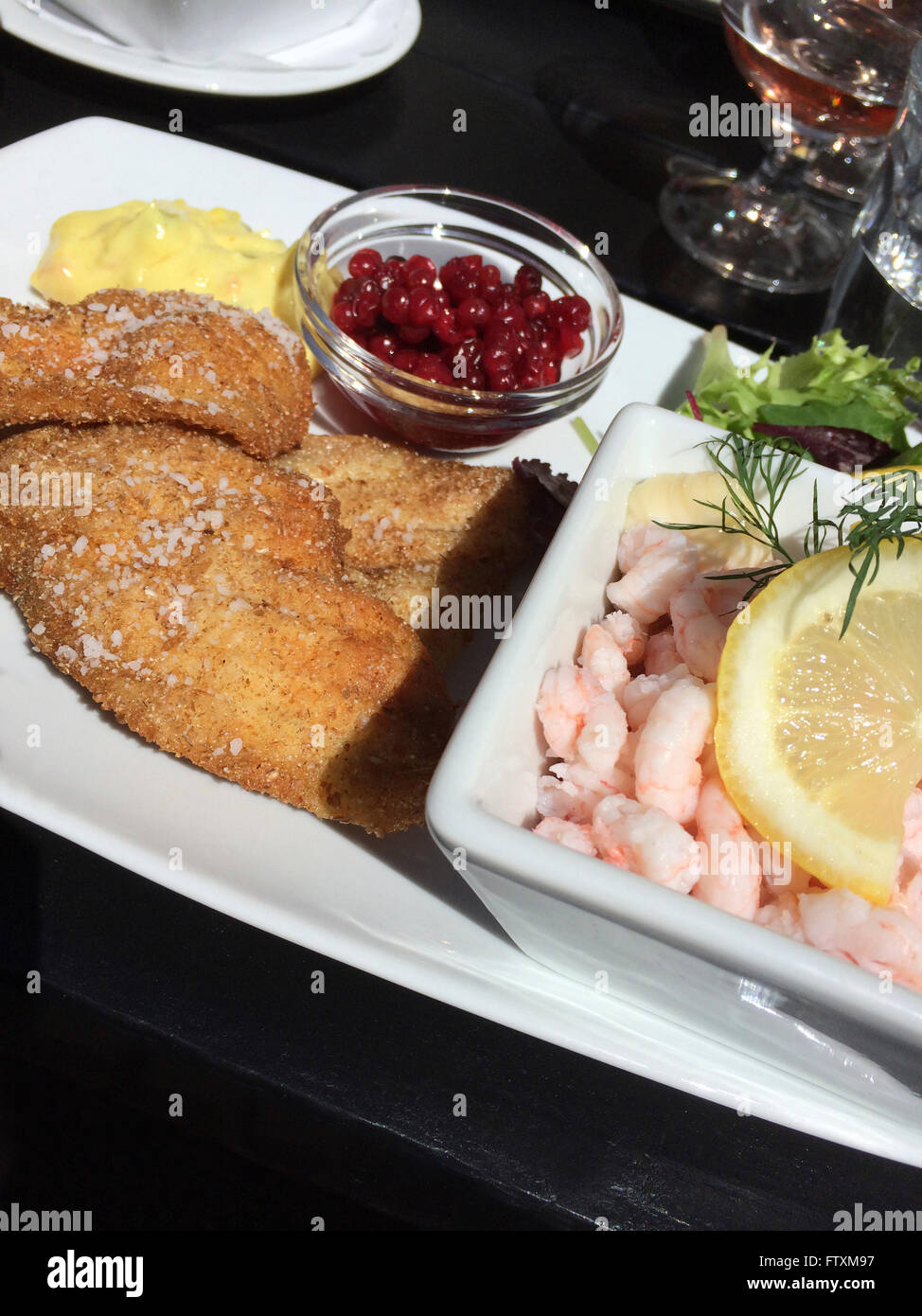 Prawns and fried fish lunch, Denmark Stock Photo - Alamy