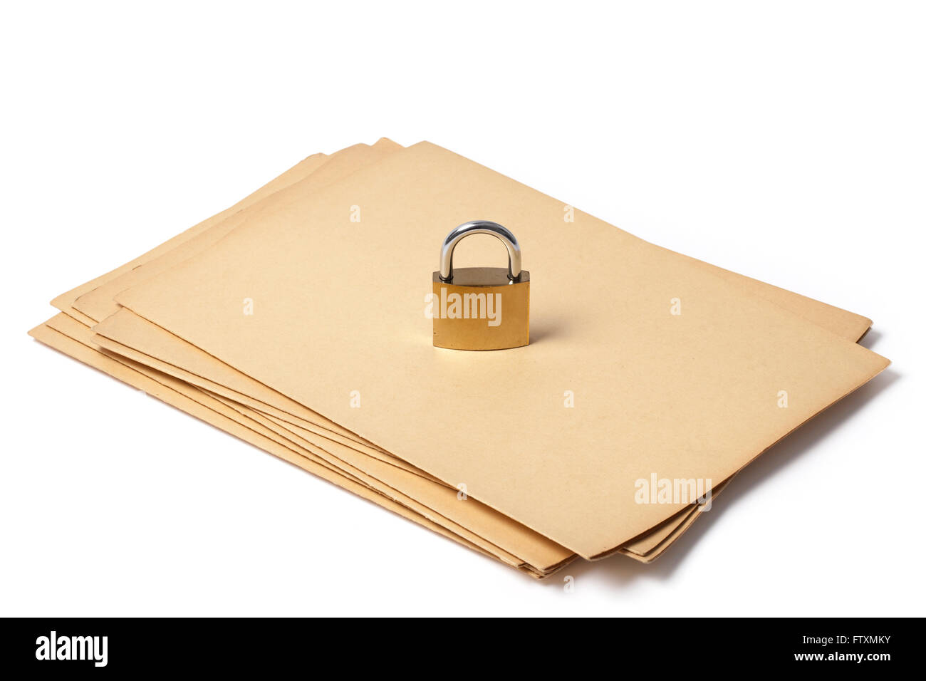 Locked metal padlock put on several paper folders on white background ...