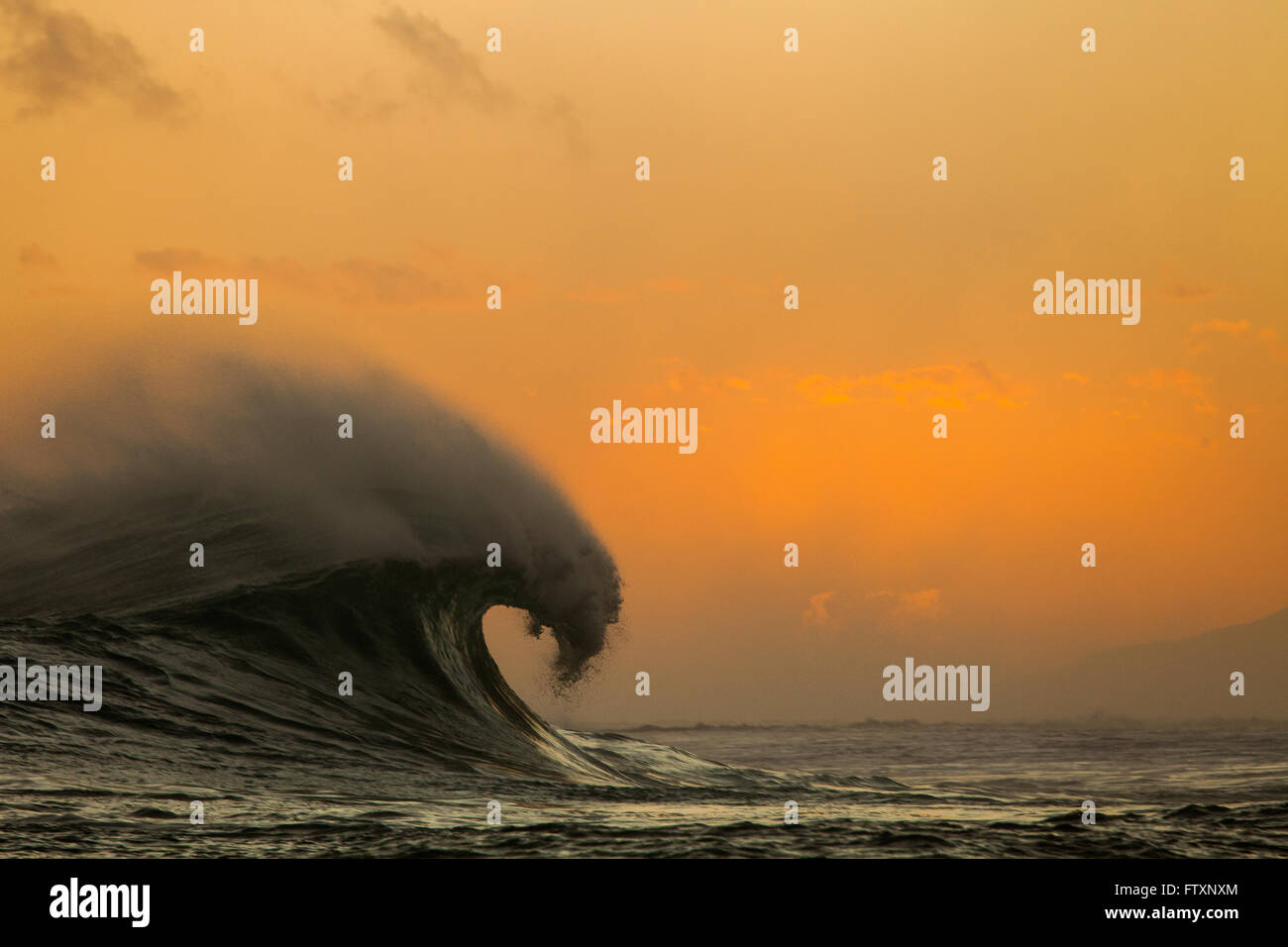 Barrel Wave crashing over reef at sunset, Tahiti, French Polynesia ...