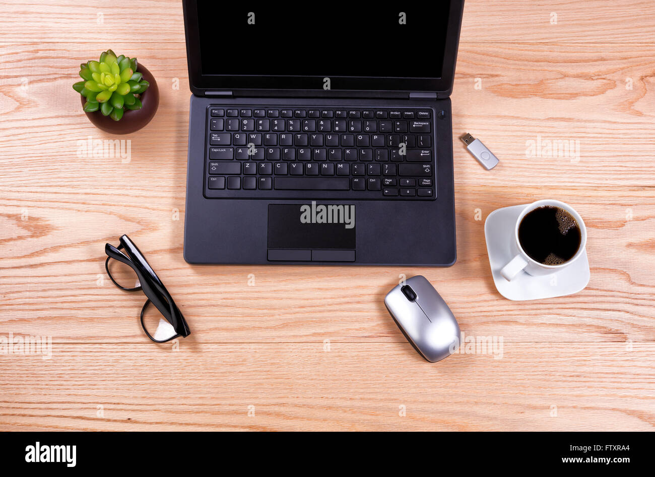 Overhead view of a clean desk consisting of laptop, baby plant, mouse ...