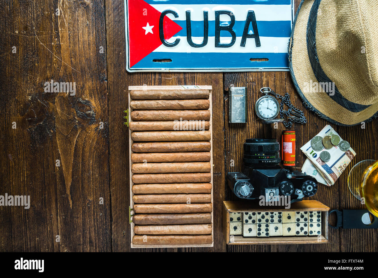 Items related to travel to Cuba concept , from above. Flat lay, cigars ...