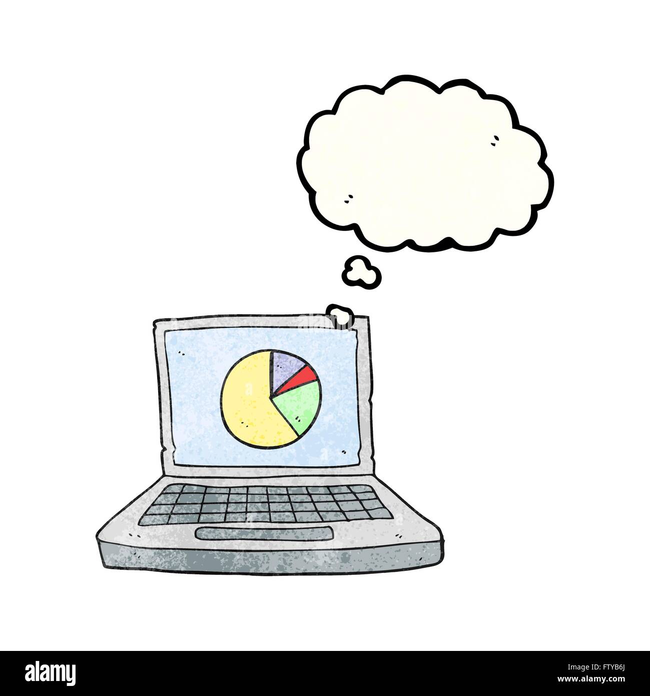 freehand drawn thought bubble textured cartoon laptop computer with pie ...