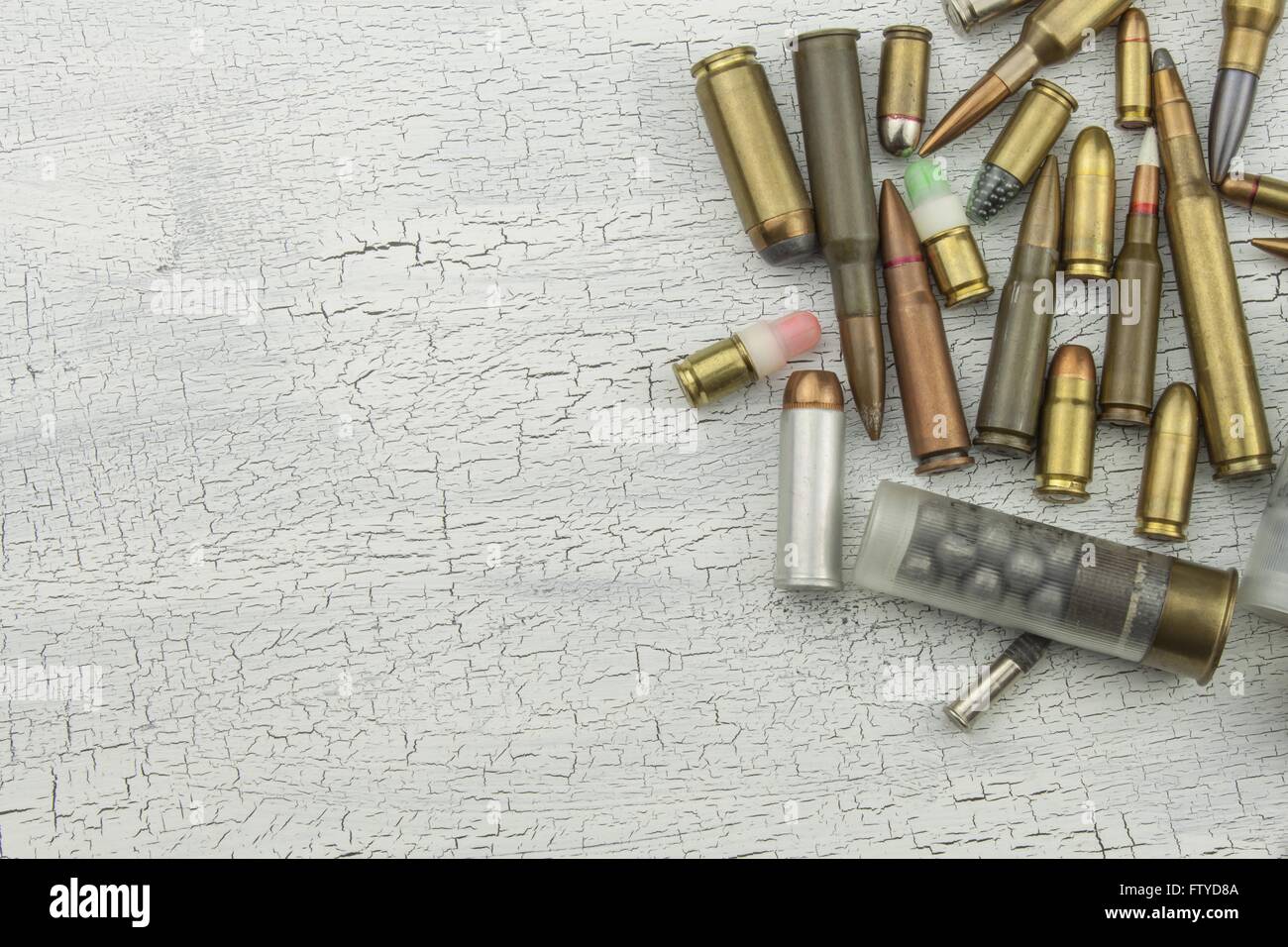 Different types of ammunition. Bullets of different calibers and types ...