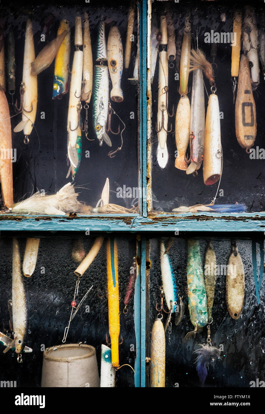 Hooks and lures in a fishing shack window, Menemsha, Chilmark, Martha's ...