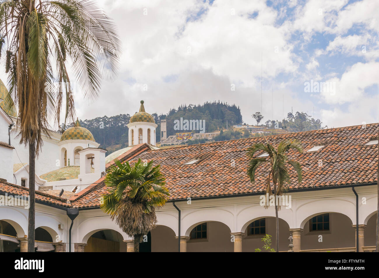 Low angle courtyard view of towers and architectural details at ...