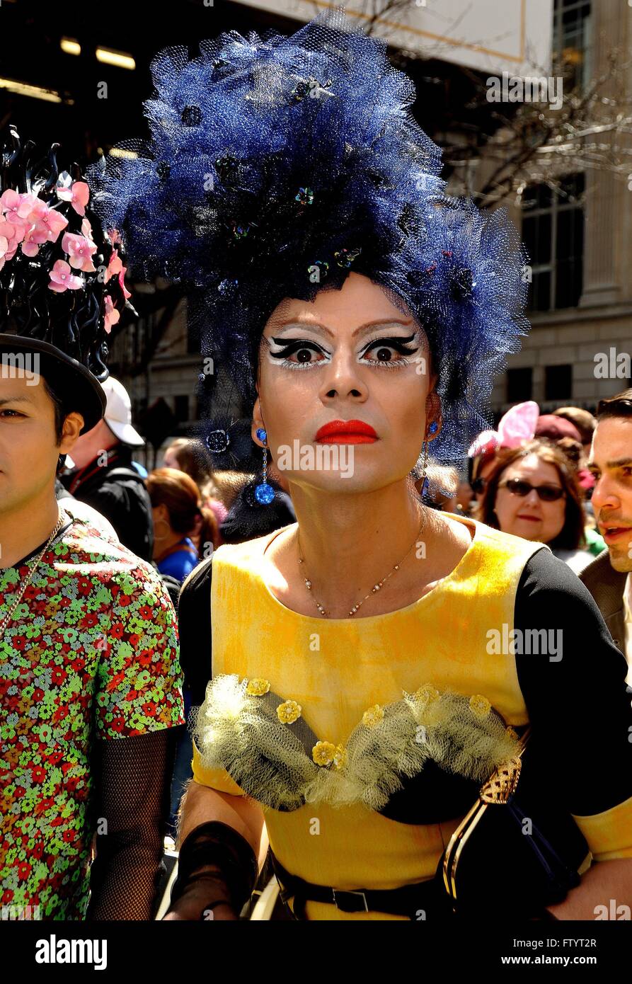 New York City: Man in drag with a wild blue hat and heavy eye makeup at ...