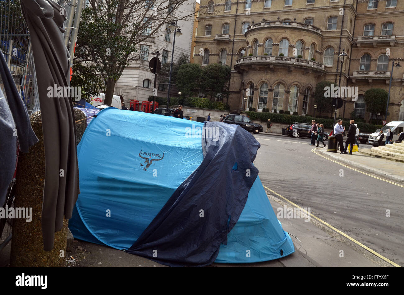 London, UK, 30 March 2016, Homeless people's tents with a view of the 5 ...