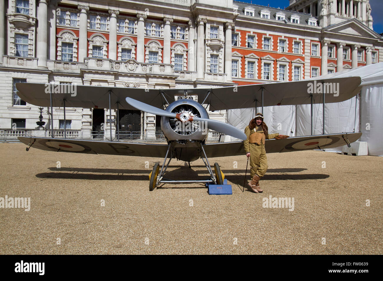 London,UK. 31st March 2016. Dressed in a period flying suit, Vernon ...