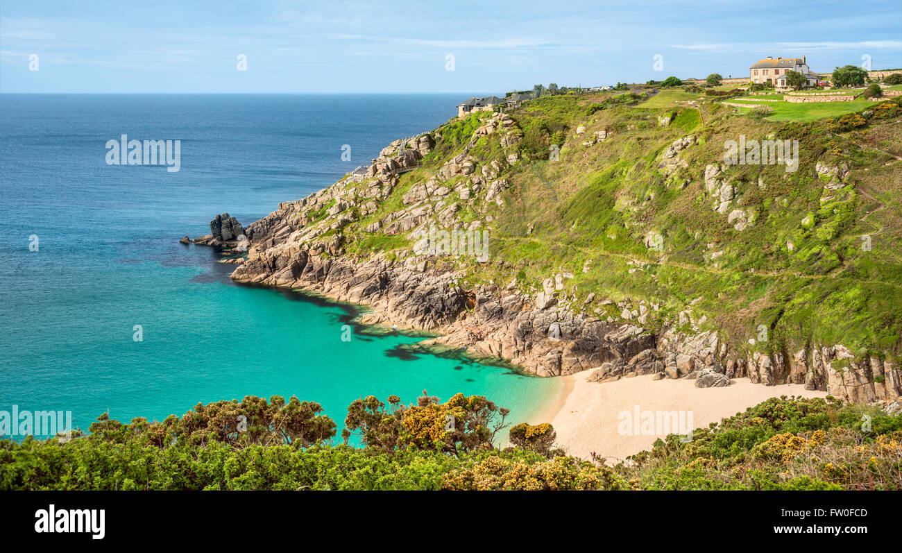 Panorama view over Porthcurno Beach at Minack Open Air Theatre ...