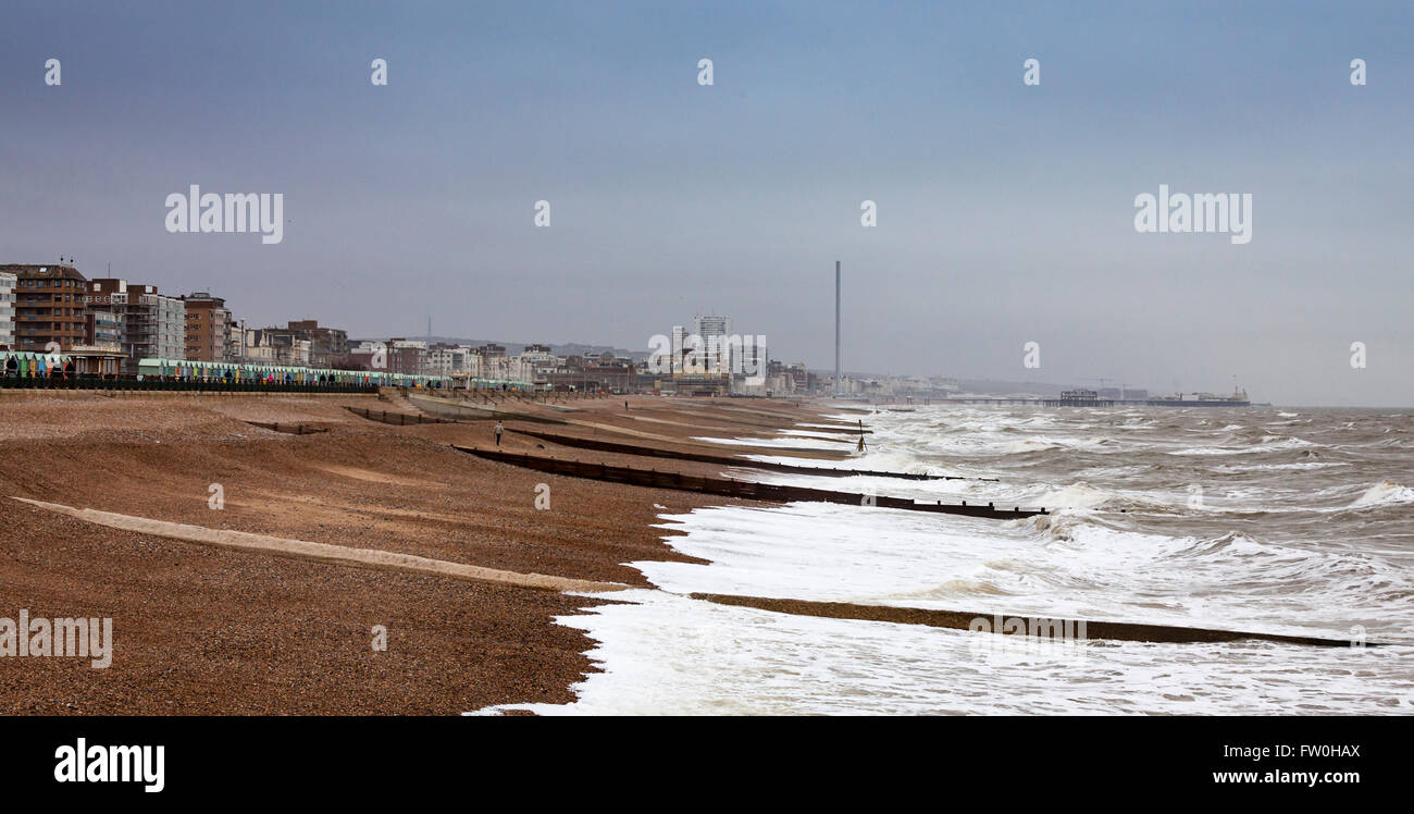 Stormy beachfront at Brighton and Hove, in Sussex, England, showing ...
