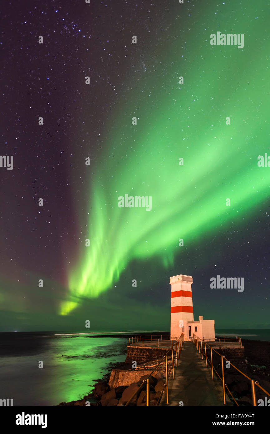 Northern Lights, or Aurora Borealis, display at Gardur Lighthouse ...