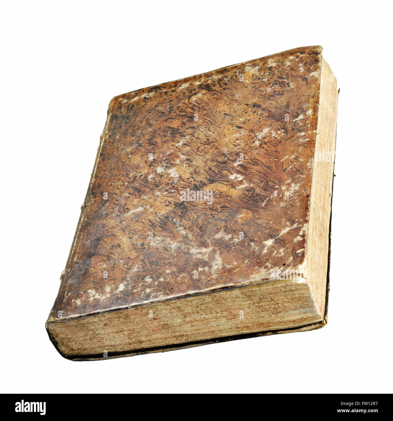 Perspective shot of an old book, showing leather / wood painted ...