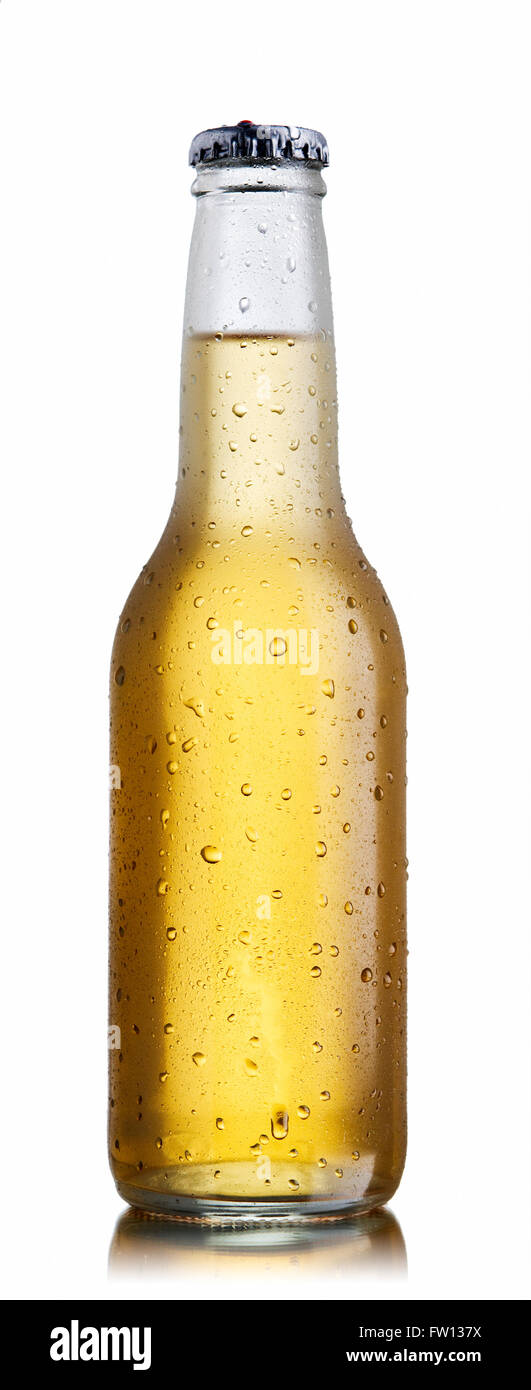 Non-glossy white beer bottle, back lighted showing a glowing golden ...