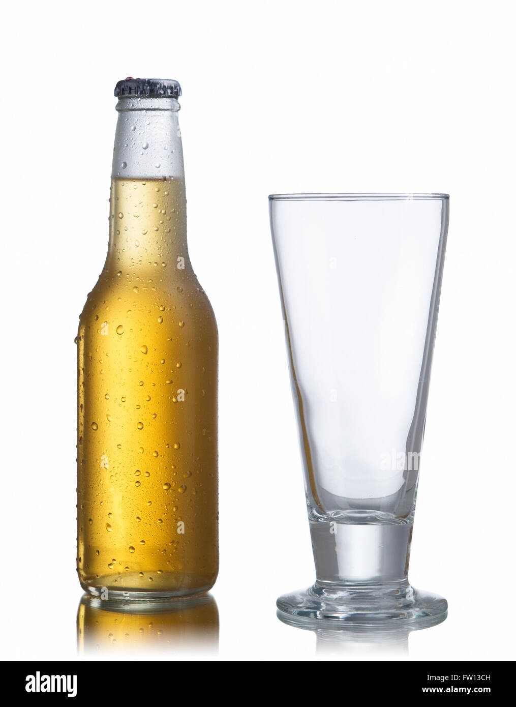 Non-glossy white beer bottle, back lighted showing a glowing golden ...