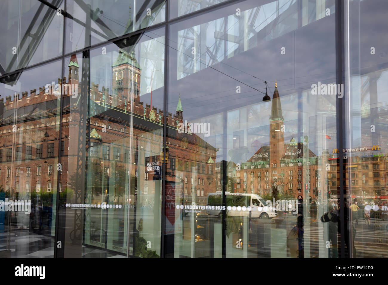 City Hall Square reflected in the windows, Copenhagen, Denmark Stock ...