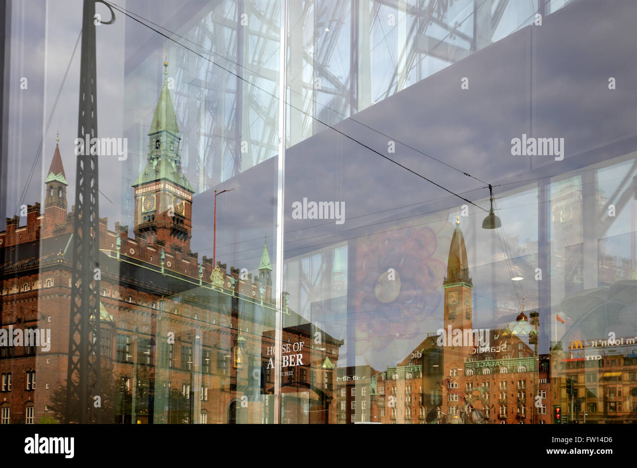 City Hall Square reflected in the windows, Copenhagen, Denmark Stock ...