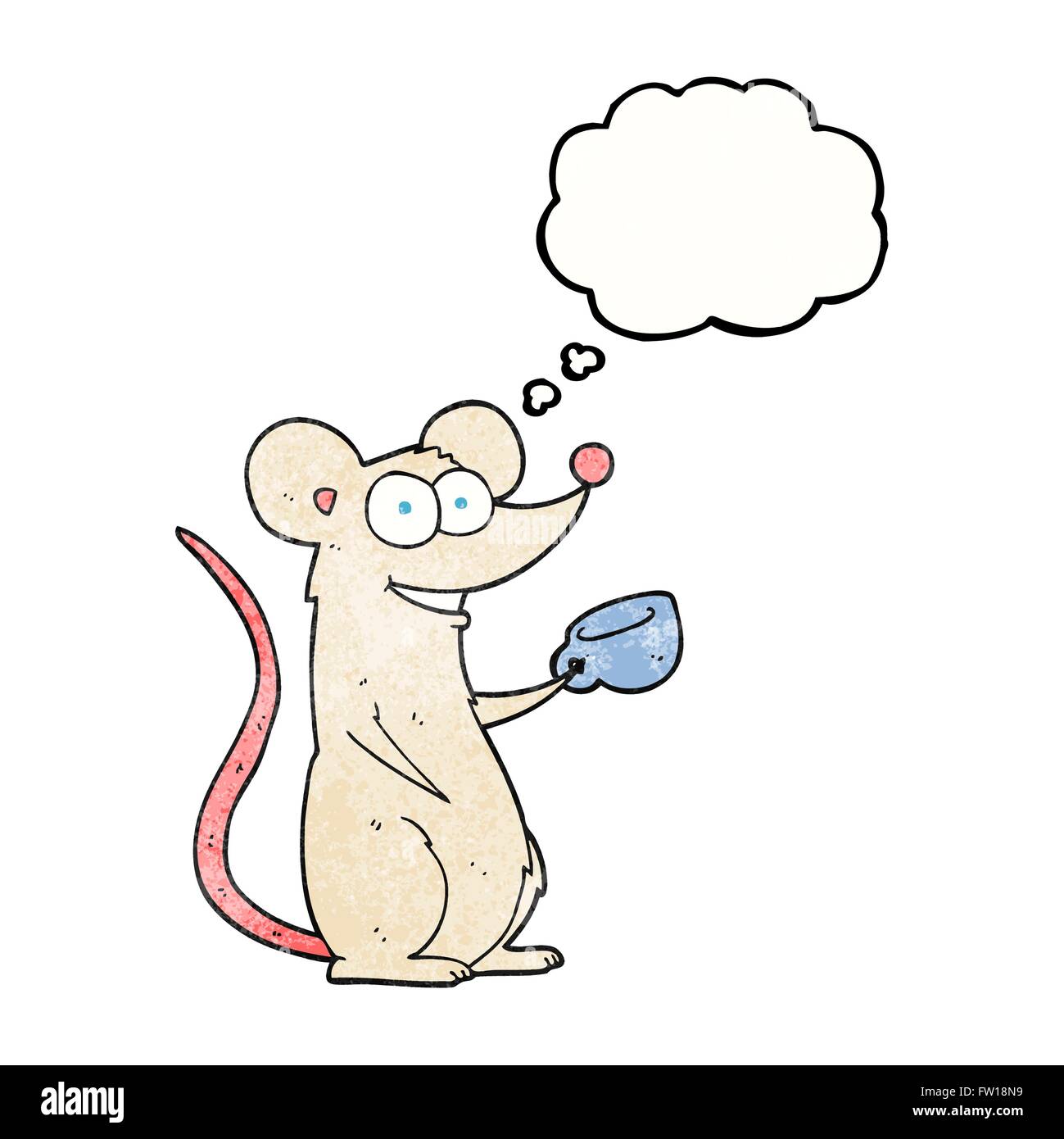 freehand drawn thought bubble textured cartoon mouse with cup of tea ...