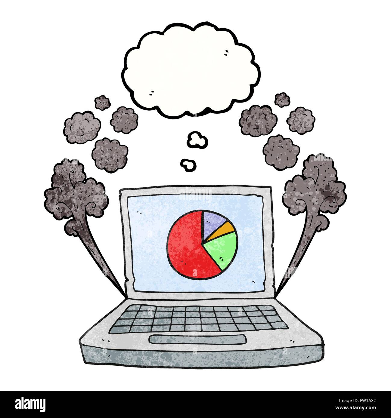 freehand drawn thought bubble textured cartoon laptop computer with pie ...